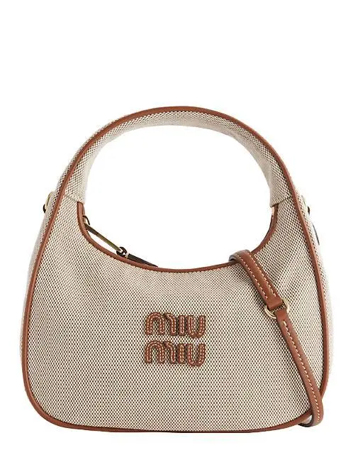 Miu Miu Logo-embellished Canvas Shoulder Bag - Naturale+brandy