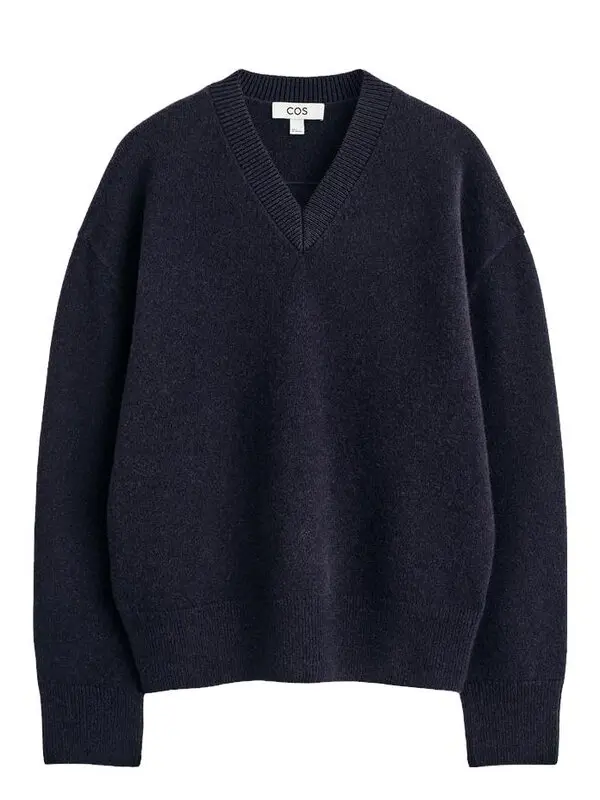 Cos Rounded V-neck Wool Blend Sweater - Navy