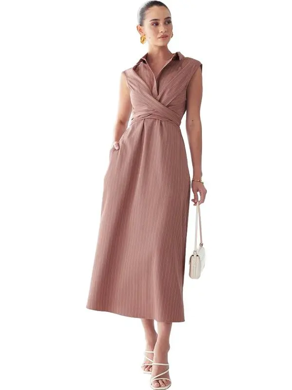 WILLA Gaia Midi Dress - Pink Pinstripe