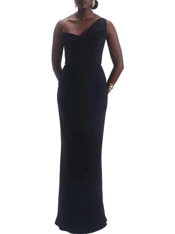 Amsale One-shoulder Draped Gown - Black