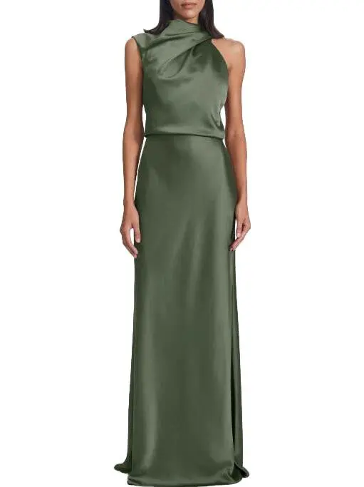 Amsale Satin Draped Neck Gown - Olive
