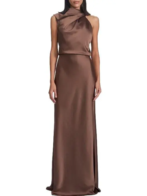 Amsale Satin Draped Neck Gown - Truffle