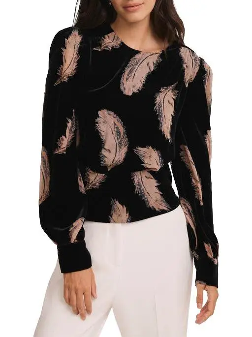 Mint Velvet Feather Print Velvet Top - Black