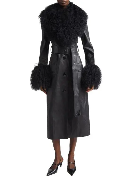 STAND STUDIO Monica Lambskin & Genuine Shearling Coat - Black/black