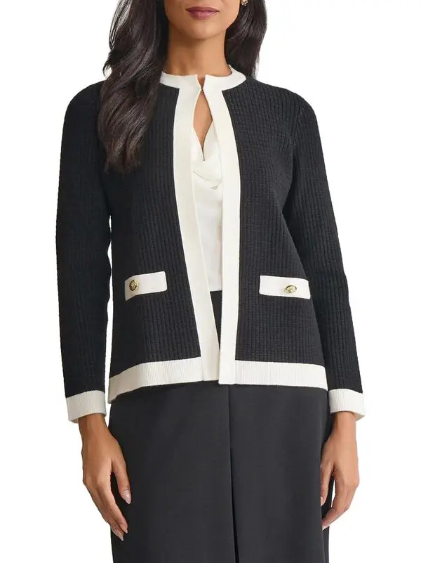 KASPER Ribbed Knit Cardigan With Welt Pockets - Black/vanilla Ice
