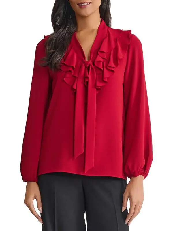 KASPER Crepe Top With Ruffle Trim And Tie Front - Fire Red