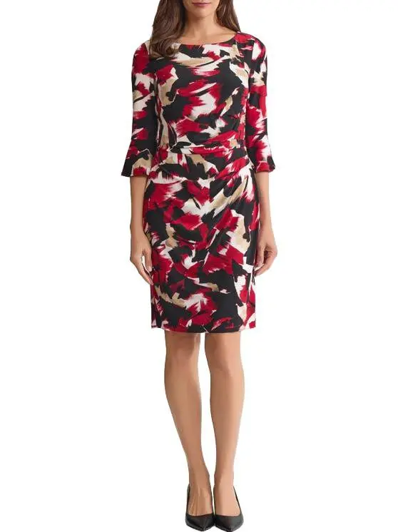 KASPER Abstract Print Side Ruched Sheath Dress - Black Multi