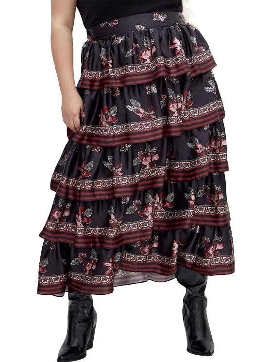 City Chic Drama Ruffle Tiered Maxi Skirt - Floral