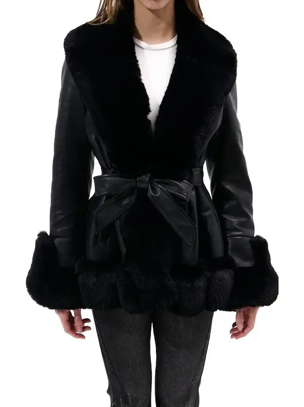 AZALEA WANG Faux Leather And Faux Fur Trimmed Jacket - Black