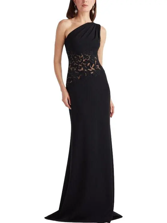 Tadashi Shoji Embroidered Detail One-shoulder Gown - Black/nude