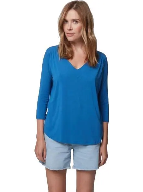 Majestic Filatures Soft Touch 3/4 Sleeve Pleat Back V-neck Top - Ocean