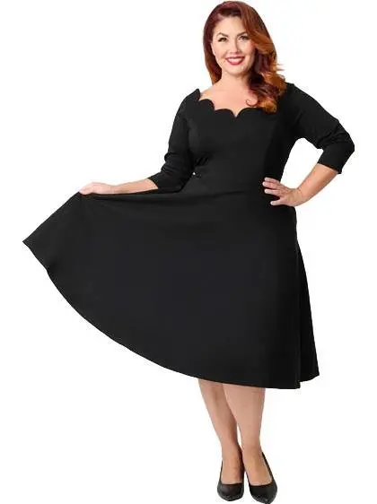 Unique Vintage Scalloped Neck Swing Dress - Black Solid