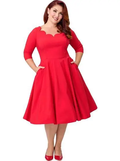 Unique Vintage Scalloped Neck Swing Dress - Red Solid