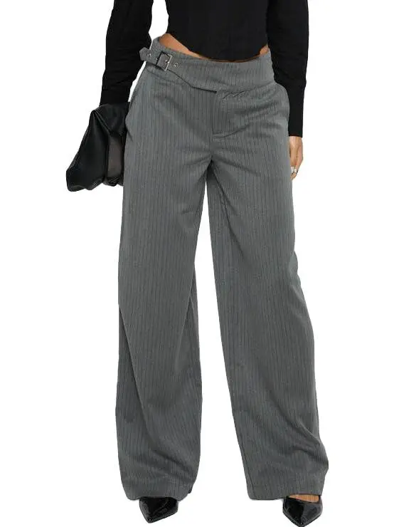 Princess Polly Pinstripe Buckle Waist Wide Leg Pants - Grey Pinstripe