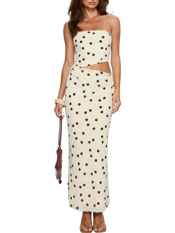 Princess Polly Jasira Strapless Polka Dot Maxi Dress - Cream Polka Dot
