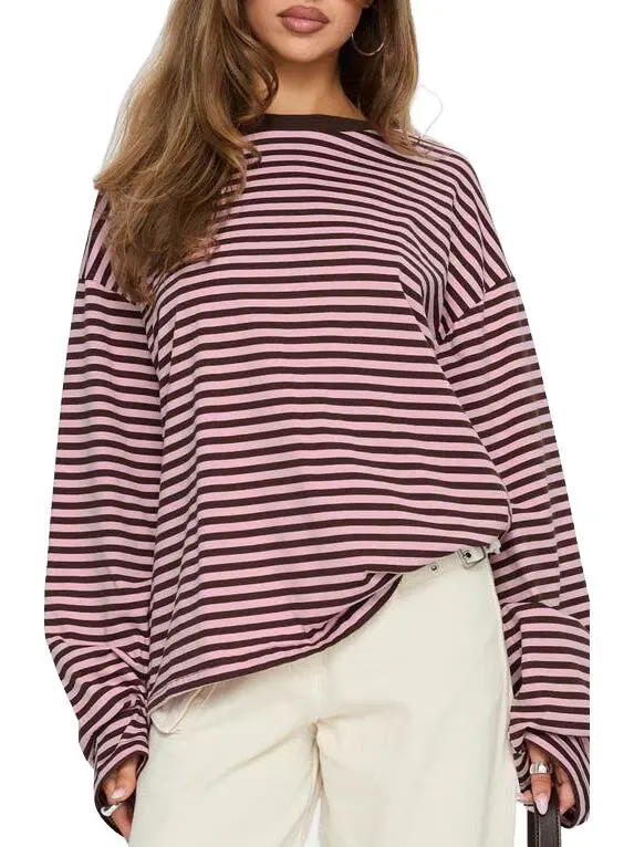 Princess Polly Striped Oversized T-shirt - Pink/brown Stripe