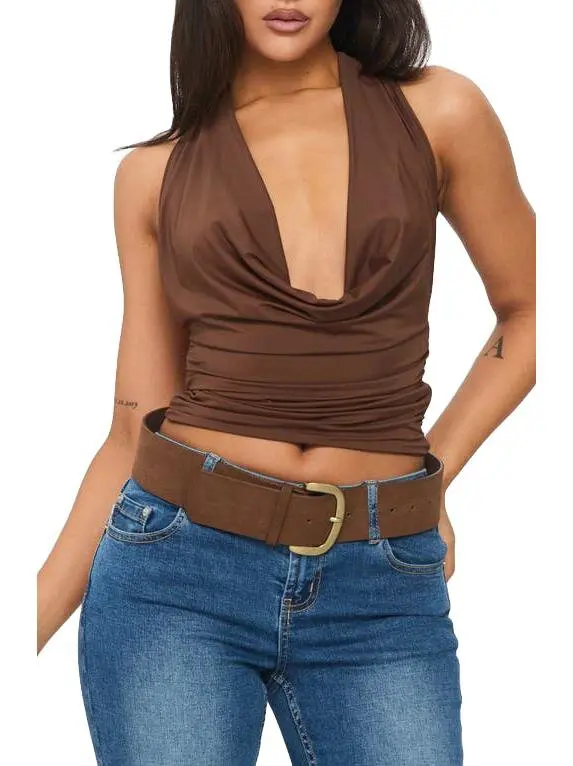 Princess Polly Plunge Cowl Neck Halter Top - Brown
