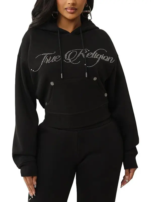 True Religion Rhinestone Logo Crop Hoodie - Jet Black