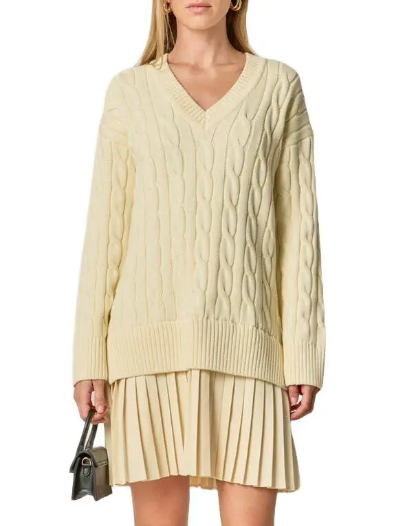 English Factory Long Sleeve Pleated Mixed Media Sweater Dress - Cream