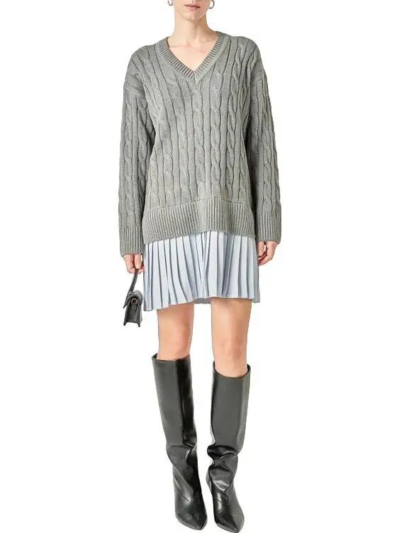 English Factory Long Sleeve Pleated Mixed Media Sweater Dress - Grey/powder Blue