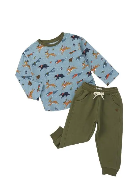 HATLEY Forest Animals Slub Cotton T-shirt & Joggers Set - Blue Multi