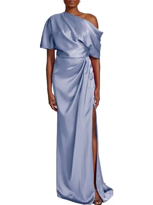Amsale Fluid Satin Off-the-shoulder Gown - Slate