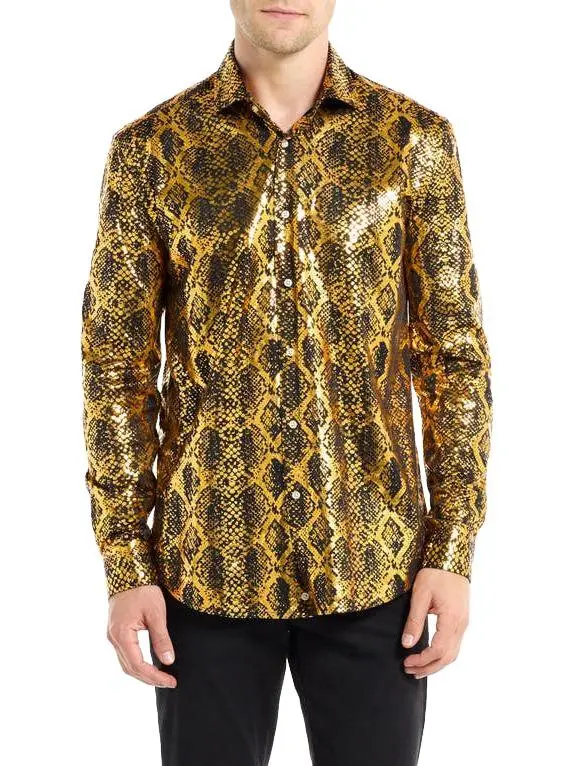 Opposuits Modern Tailored Fit Shiny Snake Wrinkle Resistant Button-up Shirt - Gold