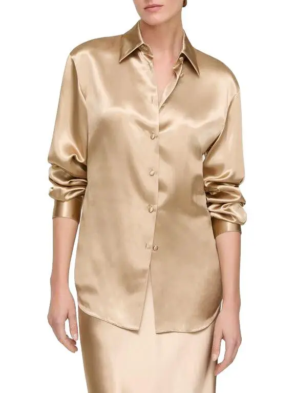 Lafayette 148 New York Fitted Silk Stretch Charmeuse Button-up Shirt - Natural Gold