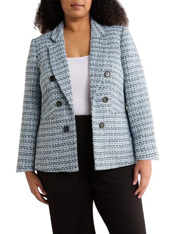 Jones New York Tweed Jacket With Faux Double-breasted Placket - Light Oxford Blue Multi