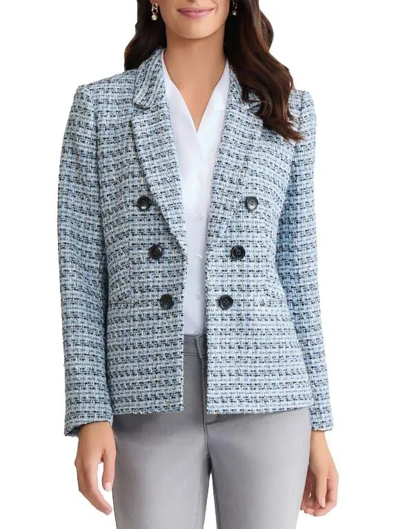 Jones New York Faux Double Breasted Tweed Jacket - Light Oxford Blue Multi