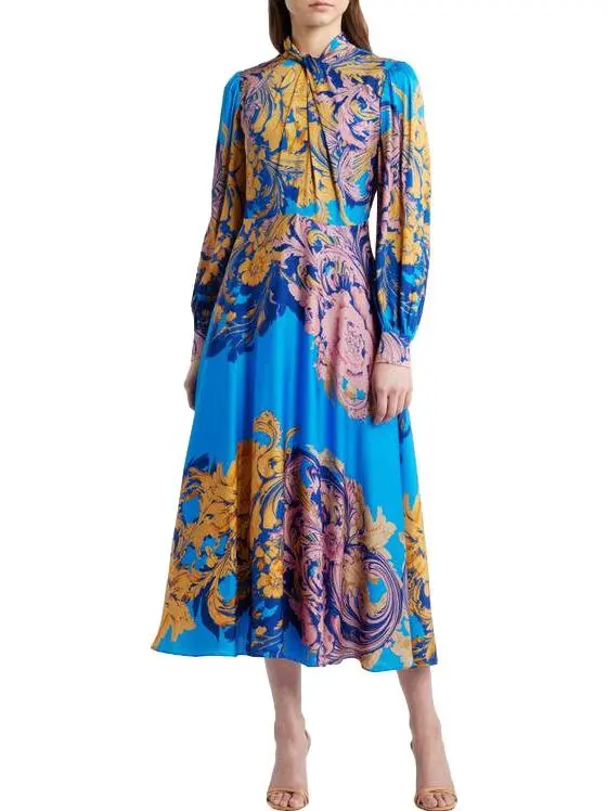 Elie Tahari Floral Silk-blend Long-sleeve Dress - Ribbon Scroll Print