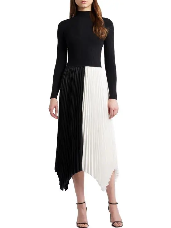 Elie Tahari Elsa Long Sleeve Mixed Media Midi Dress - Noir/sky White