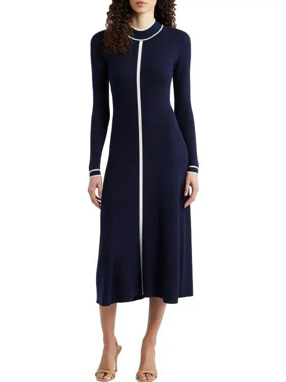 Elie Tahari Contrast Trim Long Sleeve Rib Midi Dress - Navy/sky White