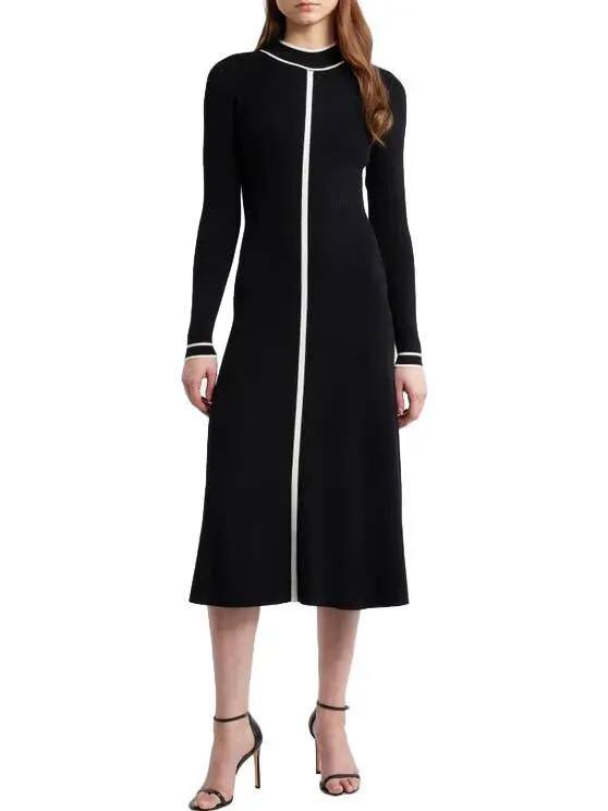 Elie Tahari Contrast Trim Long Sleeve Rib Midi Dress - Noir/sky White