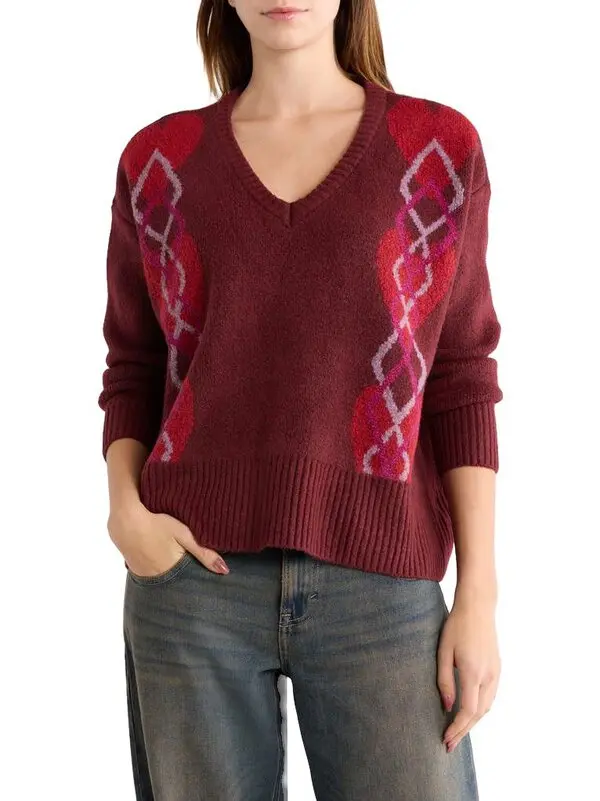 PACSUN Elin Argyle Relaxed Fit Sweater - Burgundy