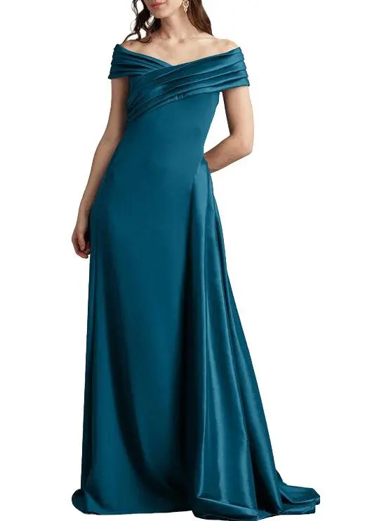 Tadashi Shoji Off-the-shoulder Crepe And Taffeta Gown - Cerulean