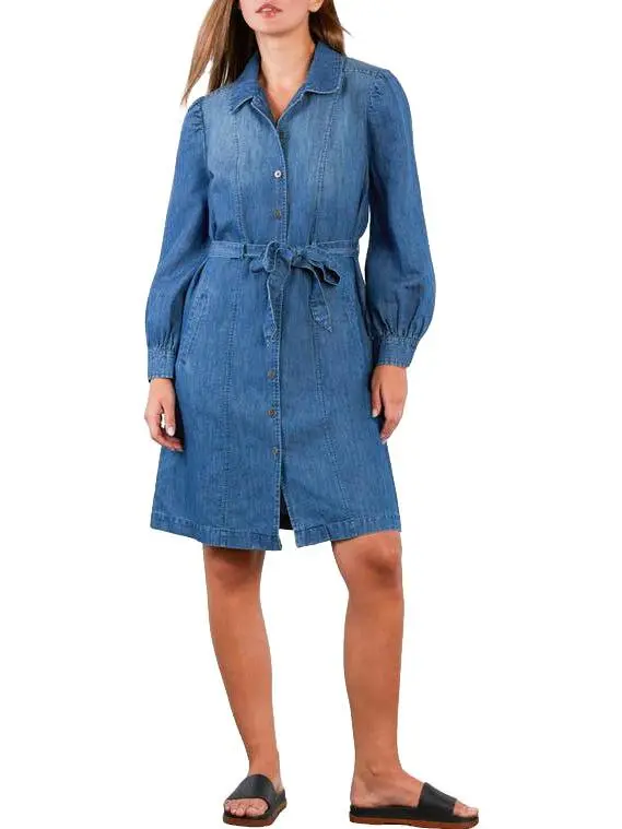 WASH LAB DENIM Tie Waist Denim Shirt Dress - Denim Fade