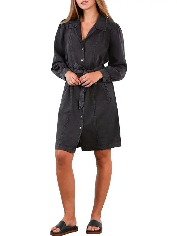WASH LAB DENIM Tie Waist Denim Shirt Dress - Grey Fade
