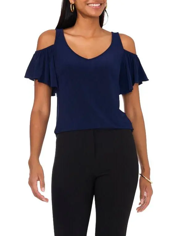 Chaus Ruffle Cold Shoulder V-neck Top - Navy