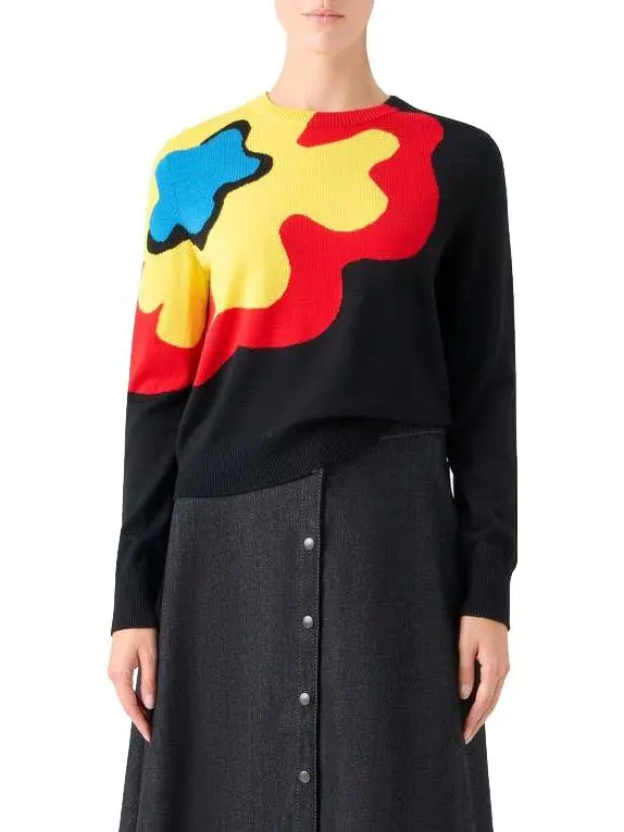 Akris Abstract Floral Intarsia Virgin Wool Sweater - Black-multicolor