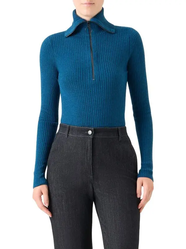 Akris Virgin Merino Wool Half Zip Turtleneck Sweater - Teal