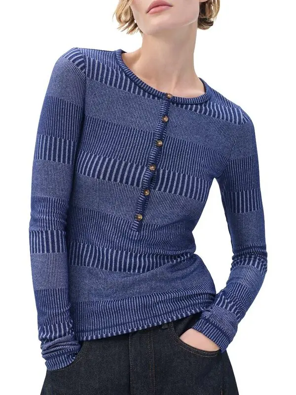 Rag & Bone Knit Two-tone Rib Henley - Blue