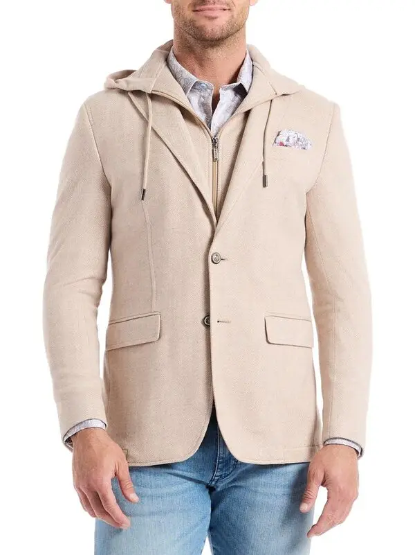 Robert Graham Tailored Fit Knit Blazer With Removable Hooded Bib - Oatmeal