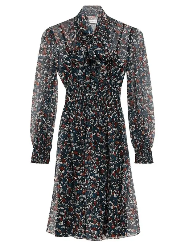 Burberry Floral-print Silk Creponne Bow-neck Dress - Black Patt