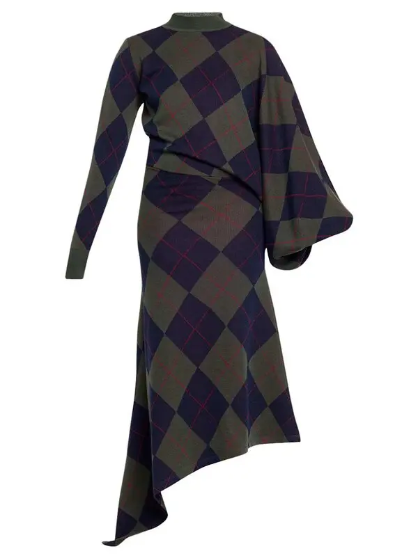 A.W.A.K.E. Mode Argyle Asymmetric Knit Dress - Navy Green