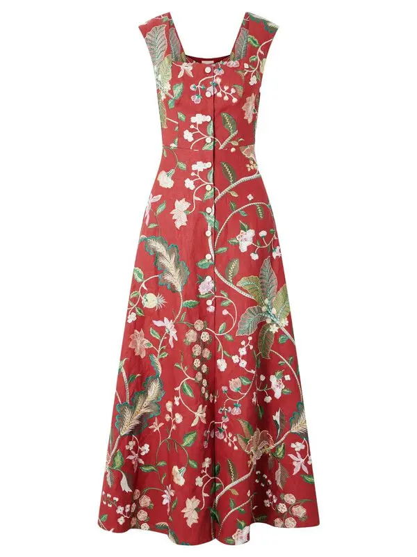 MARTA FERRI Farfalle Embroidered Linen-blend Maxi Dress - Red