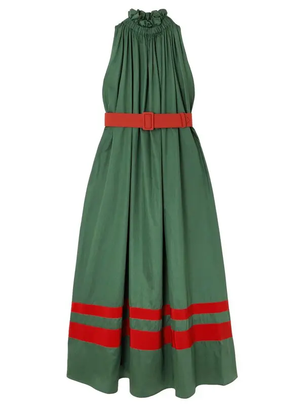 MARTA FERRI Camogli Belted Ruched Grosgrain-trimmed Cotton-poplin Halterneck Midi Dress - Green