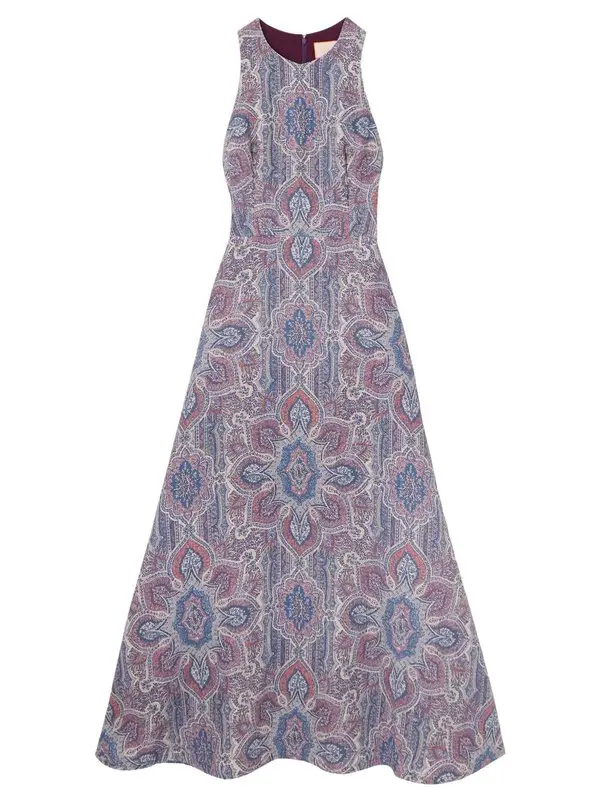 MARTA FERRI Colonna Printed Linen Midi Dress - Blue