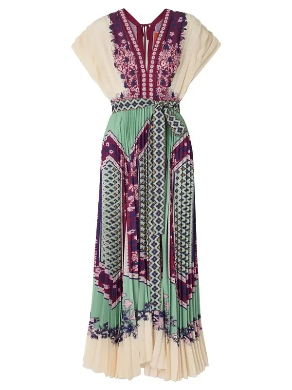 La DoubleJ Belted Printed Pleated Crepe De Chine Maxi Dress - Multi