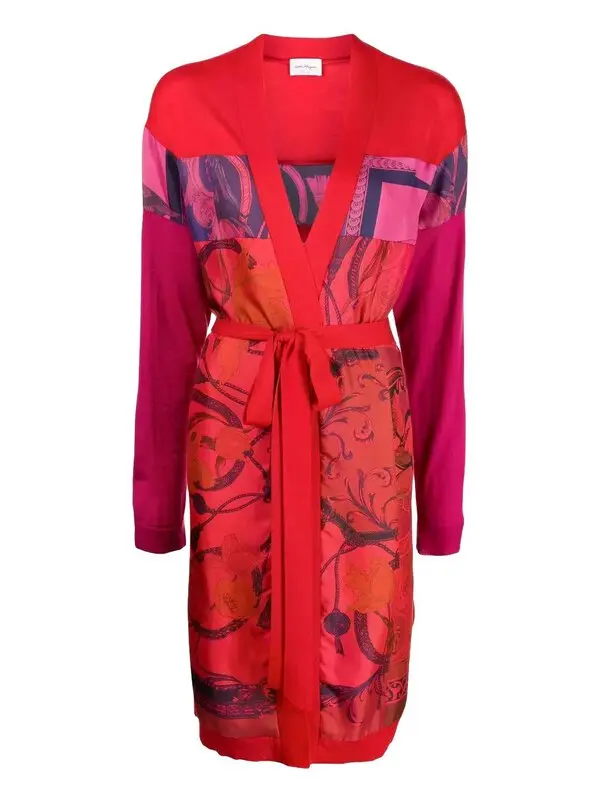 FERRAGAMO Heritage-print Long Belted Cardigan - Red